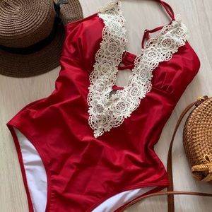 Swim | Red Deep V Swimsuit With Lace Trimming | Poshmark